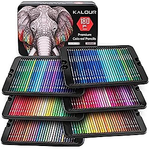 KALOUR 180 Colored Pencil Set for Adults Artists kids- 3.3mm Rich Pigment Soft Core -12 Metallic Pencil - Wax-Based - Ideal for Coloring Drawing Sketching Shading Blending - Vibrant Color（Tin Case）