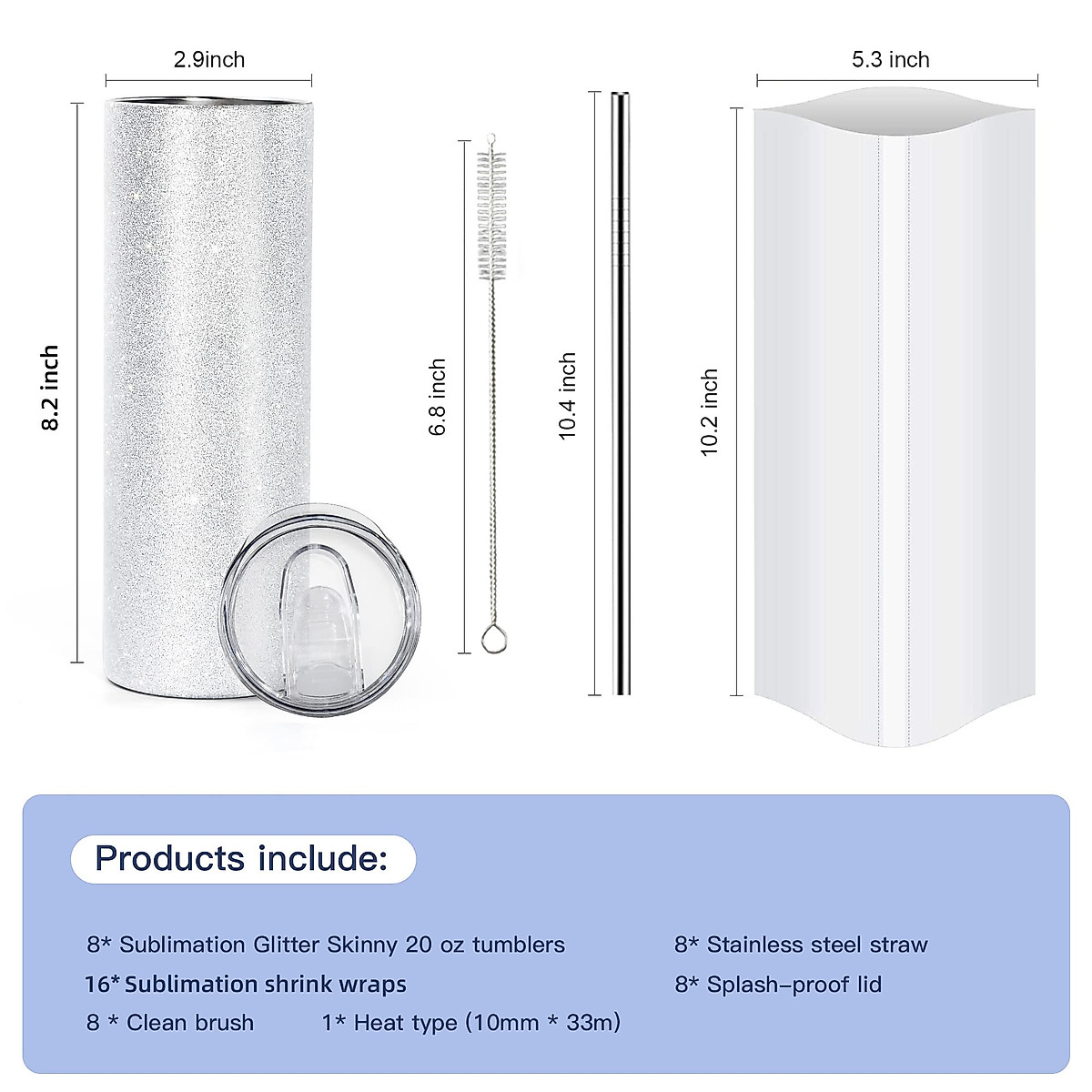 AGH 8 Pack Glitter Sublimation Tumblers - 20 oz Skinny Straight, White Double Wall Stainless Steel Insulated Cups with Straw, Straw Brush, Shrink Wrap, and Heat Resistant Tape.