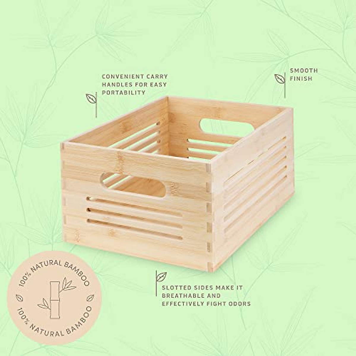 Natural Bamboo Wooden Storage Box – Rustic Farmhouse Look Wood Crate for Storage Decorative Closet, Cabinet and Shelf Basket Organizer with Built in Handles - Multi-Purpose Organizer (Small)