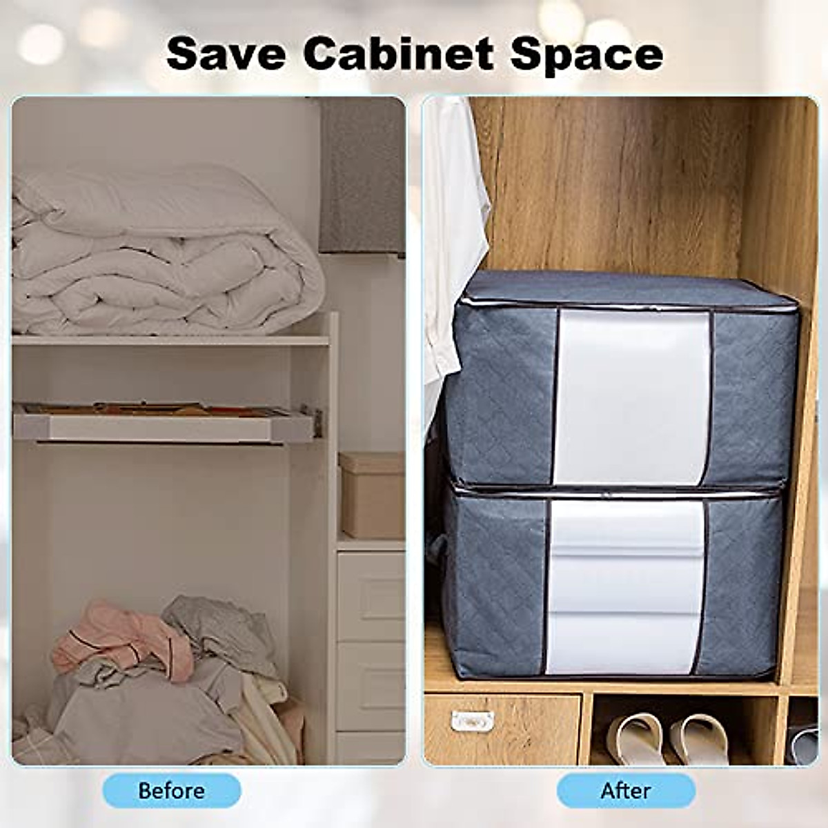 Storage Bags Storage Bins Large Thick for Comforters Blankets Clothes 6 pack 90L Closet Organizers with Durable Handles Clear Window Foldable Storage Bins (6)