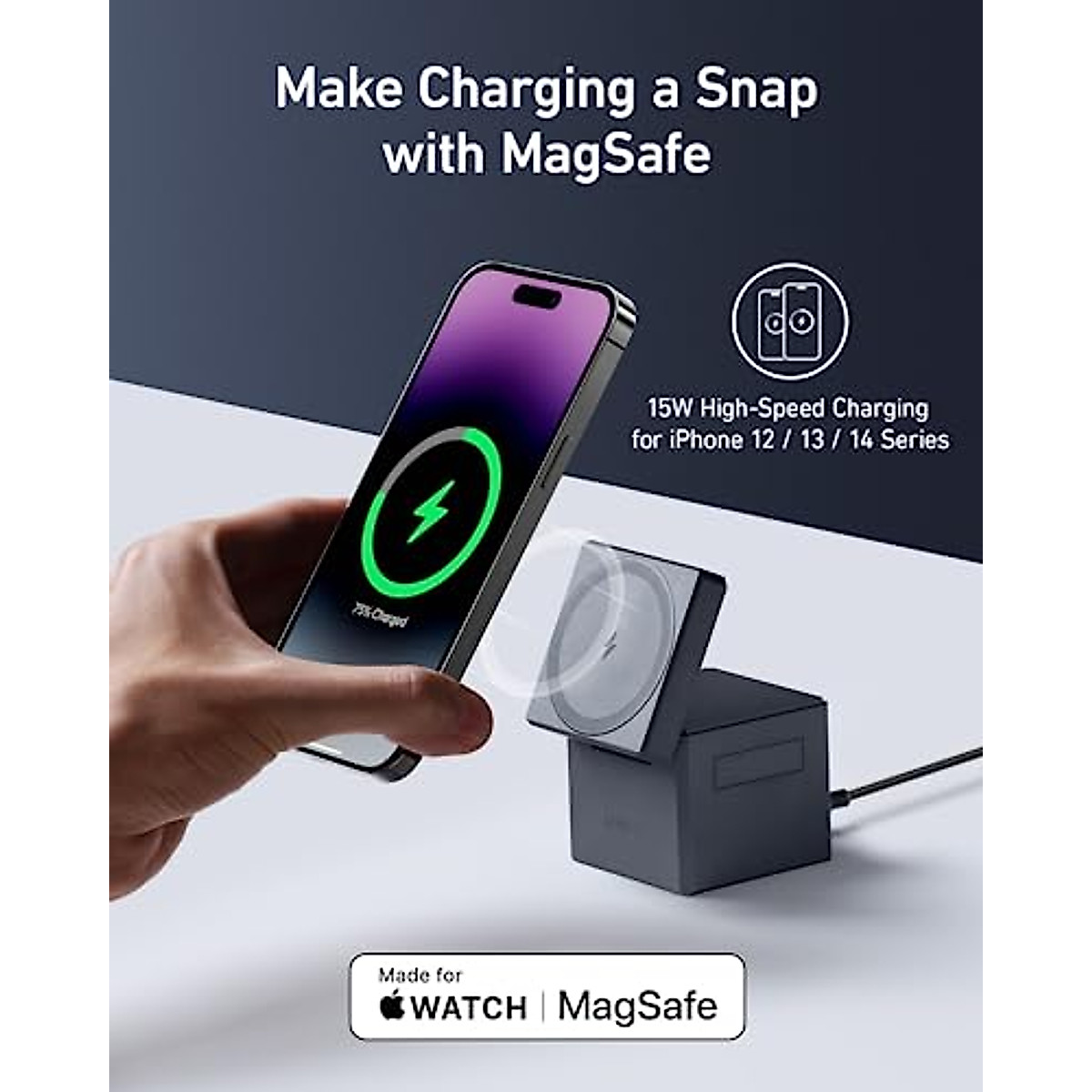 Anker MagSafe Charger Stand,Anker 3-in-1 Cube with MagSafe, 15W Max Fast Charging Stand, Foldable Wireless Charger for iPhone 15/14/13, Apple Watch S1-8/Ultra, AirPods (30W USB-C Charger Included)