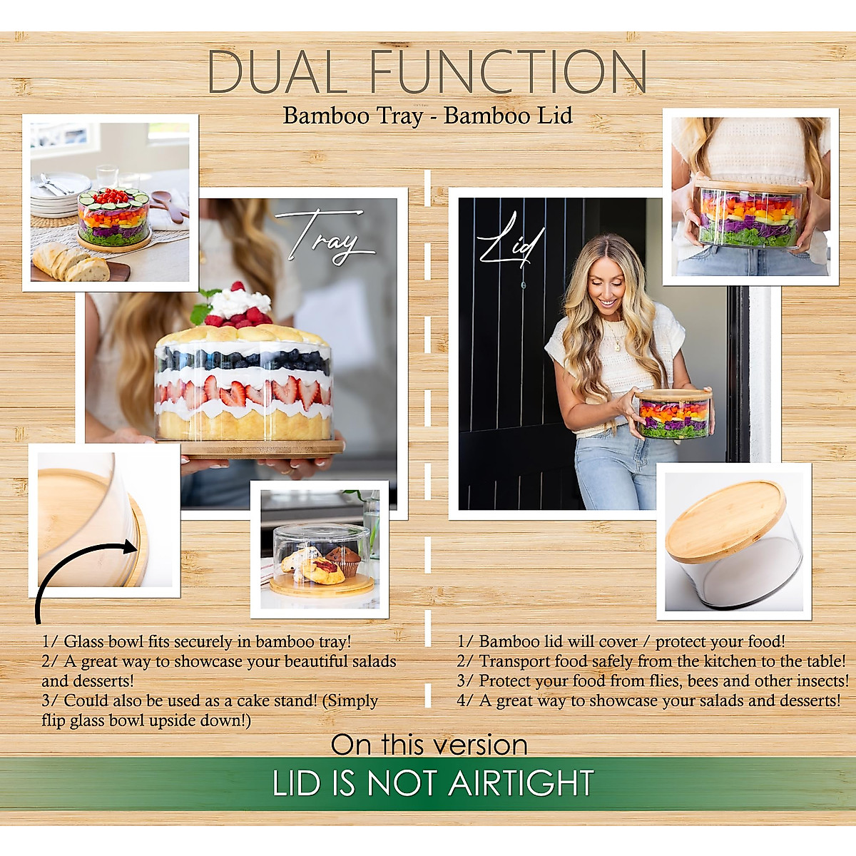 25DOL XXL 125 Ounces Clear Glass Salad Bowl Dish with Dual Function Bamboo Lid - Extra Large Mixing Bowl with Lid for Salads, Dessert, Fruit, Punch - Centerpiece Large Serving Bowls for Entertaining