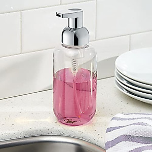 mDesign Set of 2 Refillable Soap Dispenser - Discreet Foaming Soap Dispenser - Chrome Soap Dispenser Bottle with Plastic Pump - Rust Free - Ideal for Kitchen or Bathroom - Clear/Chrome