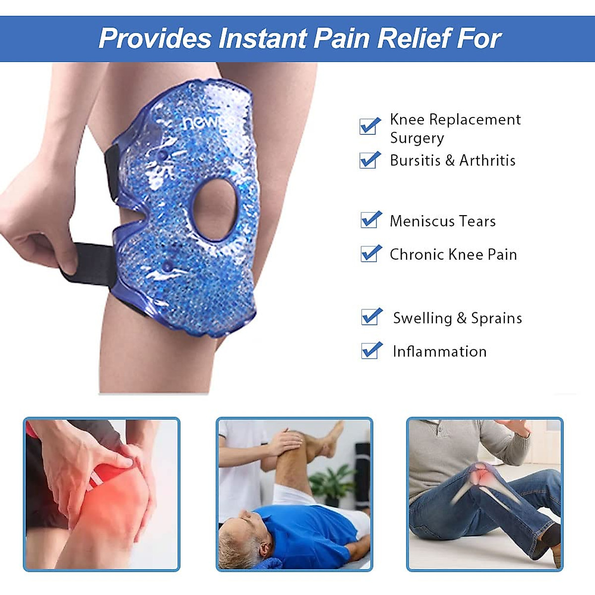 NEWGO Gel Beads Knee Cold Pack for Injury Reusable Ice Packs for Knee Replacement Surgery, Arthritis, Swelling, Bruises - 2 Pack