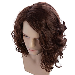 Beweig Mens Brown Wig Long Wavy Brown Male Wig Shoulder Length Side Part Unisex Wig Heat Resistant Synthetic Hair Cosplay Party Costume Wig