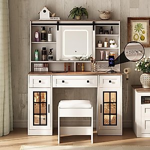 Fameill 45.5'' Farmhouse Makeup Vanity Desk with Sliding Mirror, Vanity Table with 3 Drawers and 2 Cabinets, Charging Station & LED Lights, Storage Shelves, Stool Included, Dressing Table for Bedroom