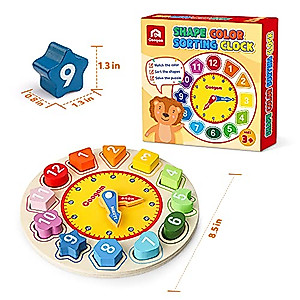 Coogam Wooden Shape Color Sorting Clock – Teaching Time Number Blocks Puzzle Stacking Sorter Jigsaw Montessori Early Learning Educational Toy Gift for Year Old Kids