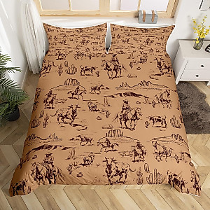 Kids Wild West Cowboy Bedding Set Full Size Western Decor Duvet Cover for Boys Girls Teens Bedroom Decor Rodeo Cowboy Style Comforter Cover Set Brown Bedspread Cover with 2 Pillow Case