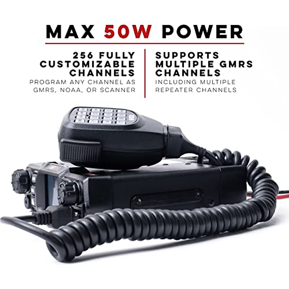 BTECH GMRS-50V2 50W 256 Fully Customizable Channels Mobile GMRS Two-Way Radio. Repeater Compatible, Dual Band Scanning (VHF/UHF), FM, & NOAA Weather Broadcast Receiver