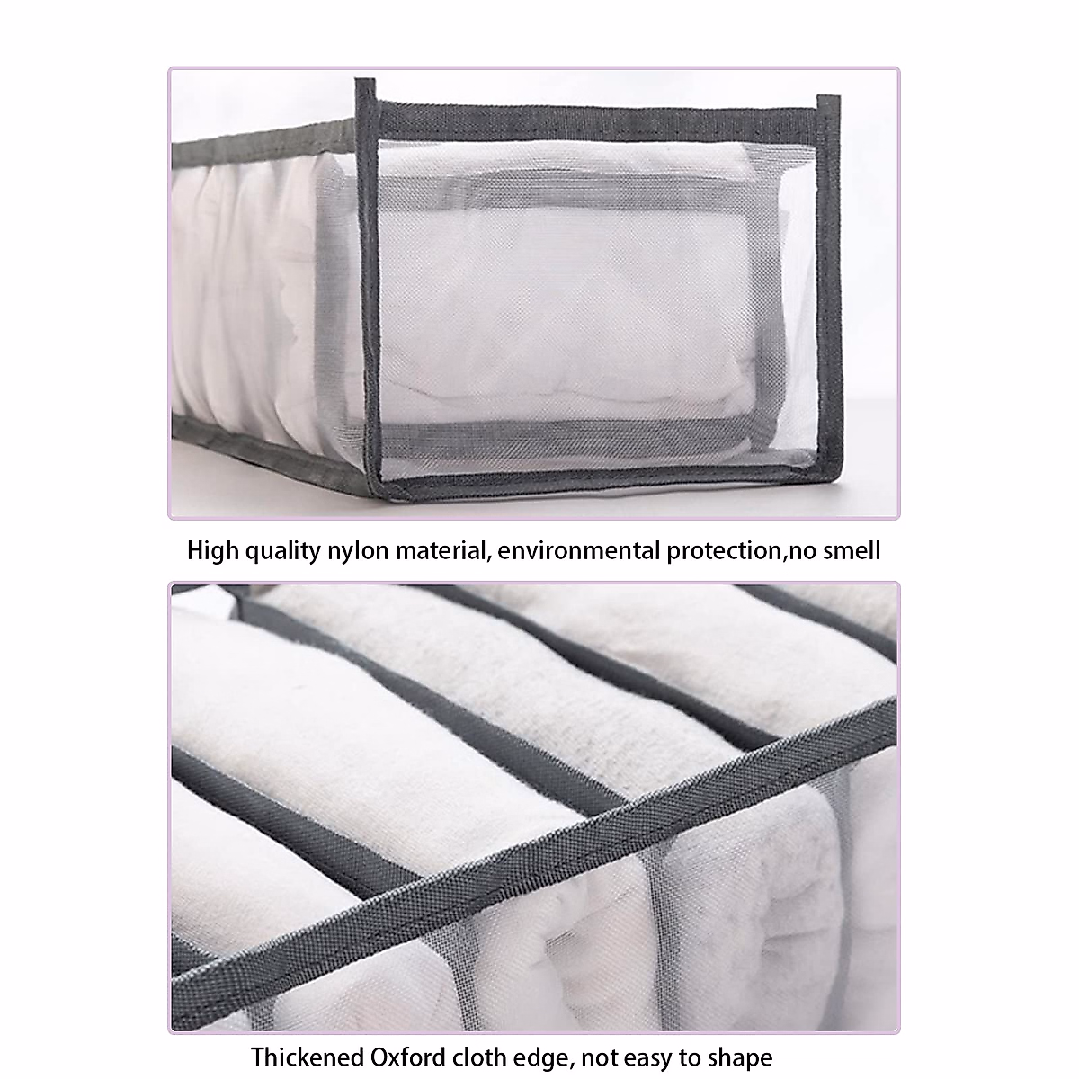 2pcs Wardrobe Clothes Organizer Foldable Transparent Grid Storage Box with Multiple Layers, Portable Washable Storage Containers for Underwear, Socks, Leggings, Skirts, T-shirts, Jeans (GRAY, Medium)