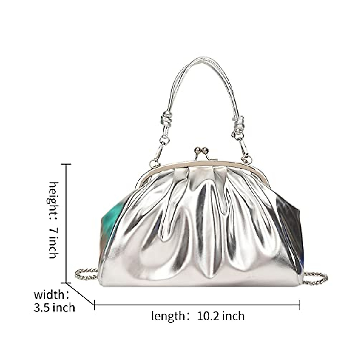 Oichy Leather Evening Bag Pleated Clutch Purses Top Handle Shoulder Bags Kiss Lock Handbags (Silver)