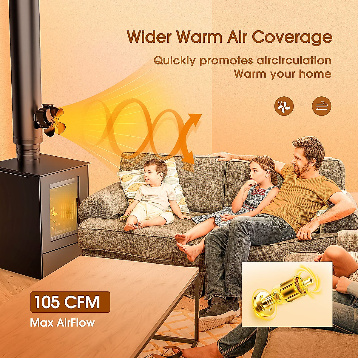 OCROUKI Heat Powered Wood Stove Fan，Magnetically Mounted Flue Pipe Fireplace Fan，4 Blades Silent Eco-Friendly Stove Fan for Home Wood Burning Stove，Helping to Circulate Heat