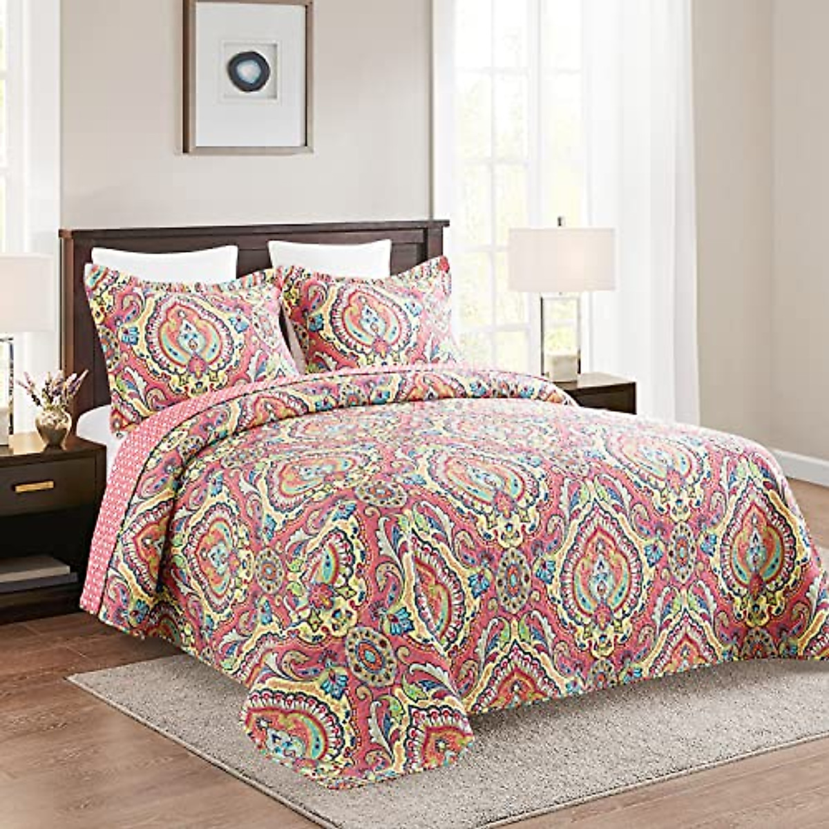 TWINRUN Boho 2 Quilt Sets King Size,Microfiber King Reversible Coverlets+Cotton Lightweight Quilted Bedspread Set