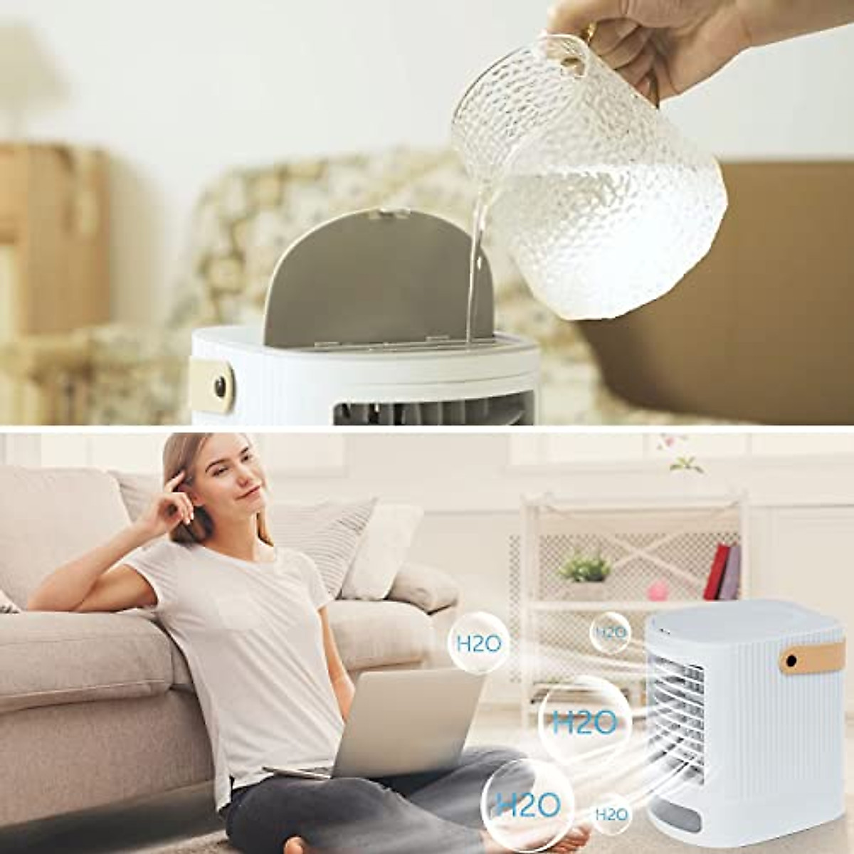 Longzhuo Portable Air Conditioner, 4 in 1 Evaporative Air Cooler with 600ml Water Tank, 7 Night Light Portable Air Cooler, Personal Desktop Cooling Fan for Car Home Camping Room