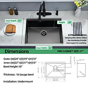 EcoChannels Undermount Kitchen Sink, 24 x 19 Inch Sink Kitchen 16 Gauge Stainless Steel Kitchen Sinks Gunmetal Black Single Bowl Workstation Sink with Cutting Board
