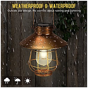 Solar Light Outdoor, 2 Pack Retro Metal Wireless Hanging Solar Lanterns with Warm White Edison Bulb Waterproof for Gazebo Garden Yard Farmhouse Decor (Bronze)