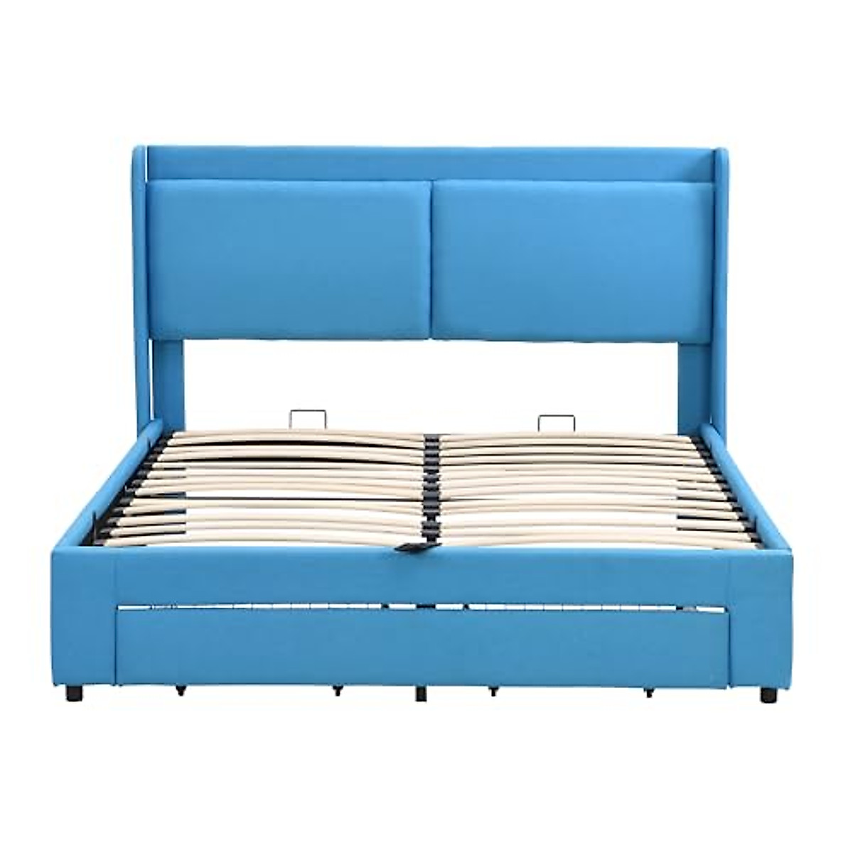 BOVZA Queen Size Lift up Storage Upholstered Platform Bed with 2 Drawers, Modern Wingback Headboard, Hydraulic Storage Bed Frame, Linen Blue