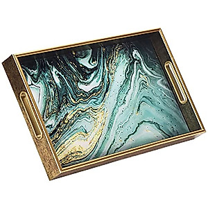 Decorative Coffee Table Tray, 15.7" x 9.8" Rectangle Breakfast Serving Tray with Handles, Unique Printed Glass Trays for Coffee Table, Ottoman(White and Green)