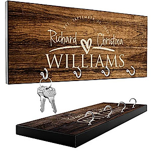 Key Hangers for Wall, Personalized Text Option w/Elegant 12 Design, 3 Wood Options, House Warming Present for New Home, Mr Mrs Wedding Gift for Couple, Custom Key Ring Holder for Wall - Key Rack