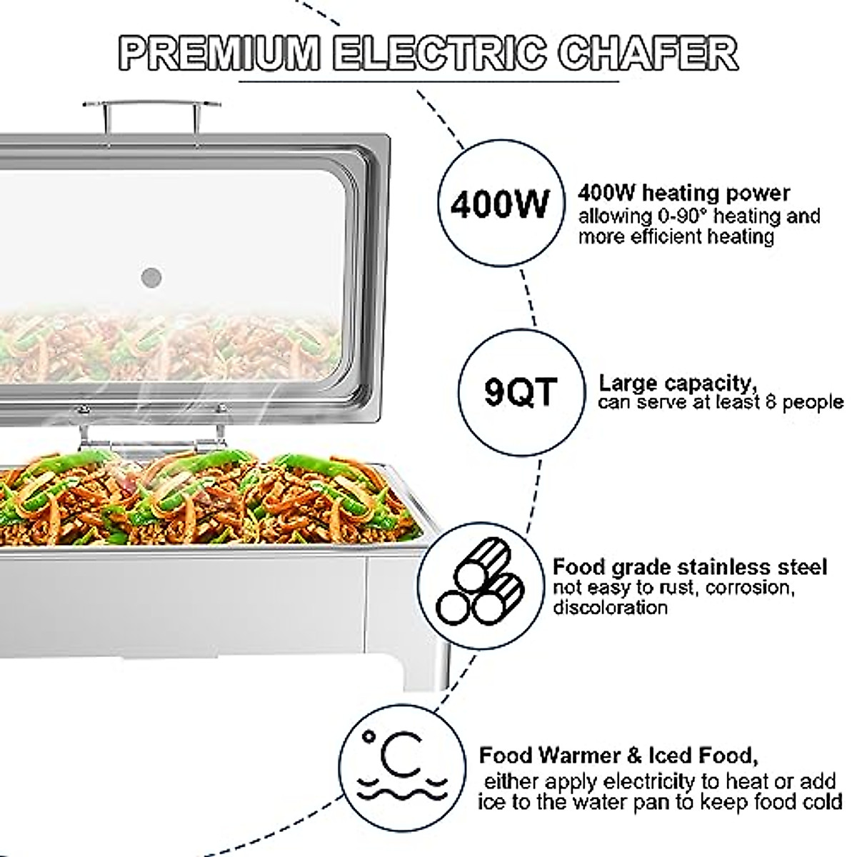 THXSUN Electric Chafing Dish Buffet Set, 9QT Stainless Steel Chaffing Dishes, 400W Buffet Servers and Warmers with Glass Lid, 9 Heating Levels, Food Warmers Chafers for Party Catering (1/1 Full Size)