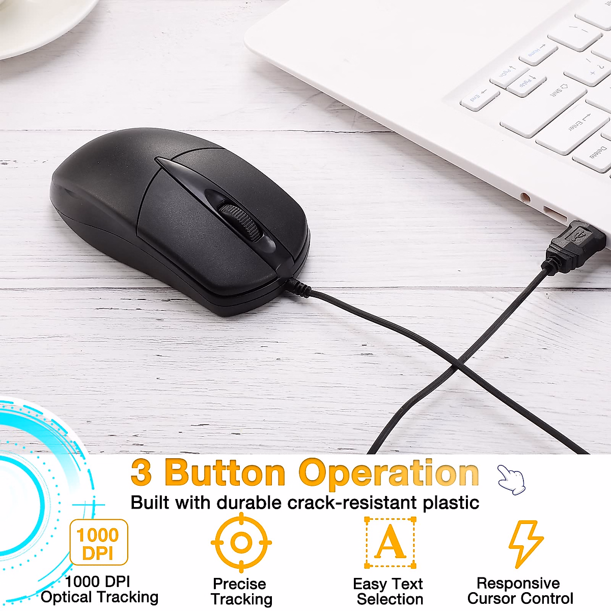 Kathfly 50 Pcs Black Wired USB Computer Mouse Bulk 1000 DPI 3 Button Corded Mouse with Home Office Noiseless Simple USB Mouse for Computer Laptop Desktop PC