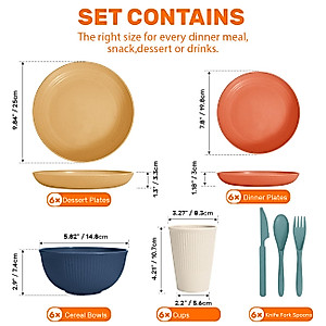 Wheat Straw Dinnerware Sets for 6 (42pcs), SGAOFIEE Unbreakable Dinnerware Set, Kitchen Plates and Bowls Set, Unbreakable Plastic Outdoor Camping Dishes, Dishwasher Microwave Safe, Autumn Multicolor