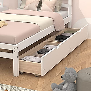 TOLEAD Twin Bed with 2 Drawers, Solid Wood Storage Daybed Frame with Headboard for Kids Teens, Slat Support Platform for Bedroom Living Room, White