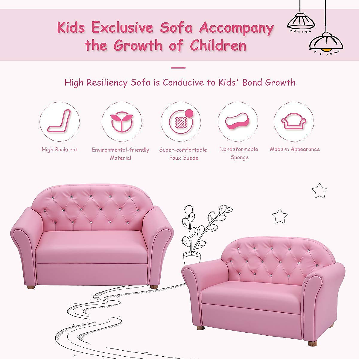 HONEY JOY Kids Sofa, 2 Seat Touch Couch Lounger Chair, Cute Gem Studs, Children Comfy Loveseat Sofa Bed for Playroom Daycare Furniture, Mini Double Foam Play Couch for Princess Girls, Pink