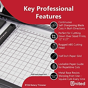 United RT26 Rotary Paper Trimmer, 26" Cut Length, 15 Sheet Capacity, Crafts and Office
