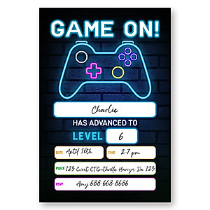 LoaHak Video Game Birthday Party Invitations, Video Game Birthday Invitations, Neon Party Invite, Birthday Party Invitations for Friends, Classmates, Teammates, etc. (048)