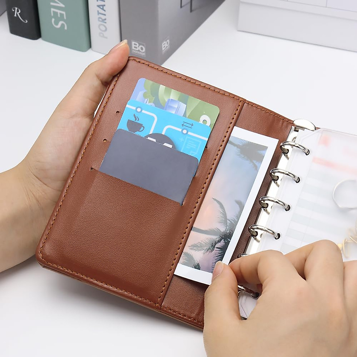 A7 Crocodile Budget Planner, Brown Leather Wallet with Snap Closure, 6-Ring Binder Cover for Money Saving Organizer