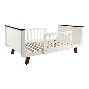 Little Partners MOD Kids Bed - Solid Wood Classic Design Transitional Toddler Bed with Rails for Children's Bedroom with Two Safety Guards, Low-to-Ground Profile (White/Espresso)