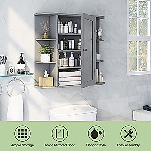 Giantex Mirrored Bathroom Medicine Cabinet - Wall Mounted Bathroom Hanging Cabinet with Single Door, 3 Adjustable Shelves, Storage Cabinet for Hallway, Living Room, Wall Cabinet Over Toilet (Gray)