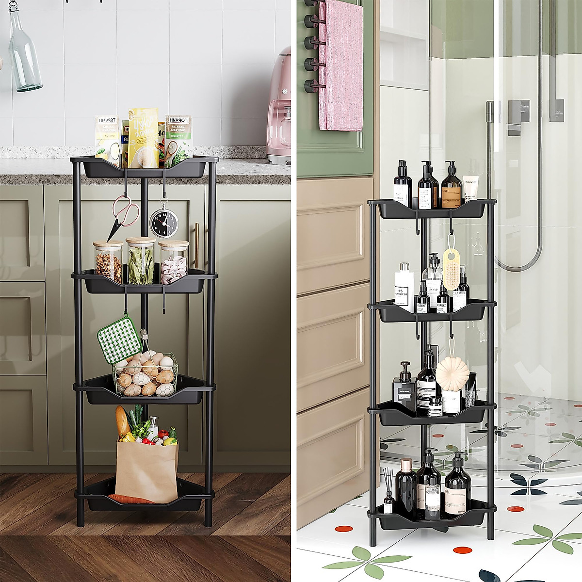 Purdaz 4 Tier Shower Caddy Organizer Shelf Corner, Rustproof, Plastic Shower Rack Stands for Inside Bathroom,Shower Pan, Black