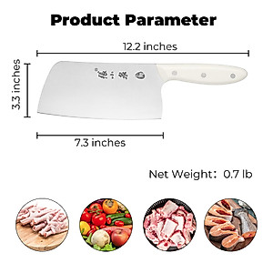 ZHANG XIAO QUAN SINCE 1628 Chinese Meat Cleaver 7.3”, Heavy Duty Chopper Knife 40Cr13 Stainless Steel for Meat Vegetable Chef Knife White