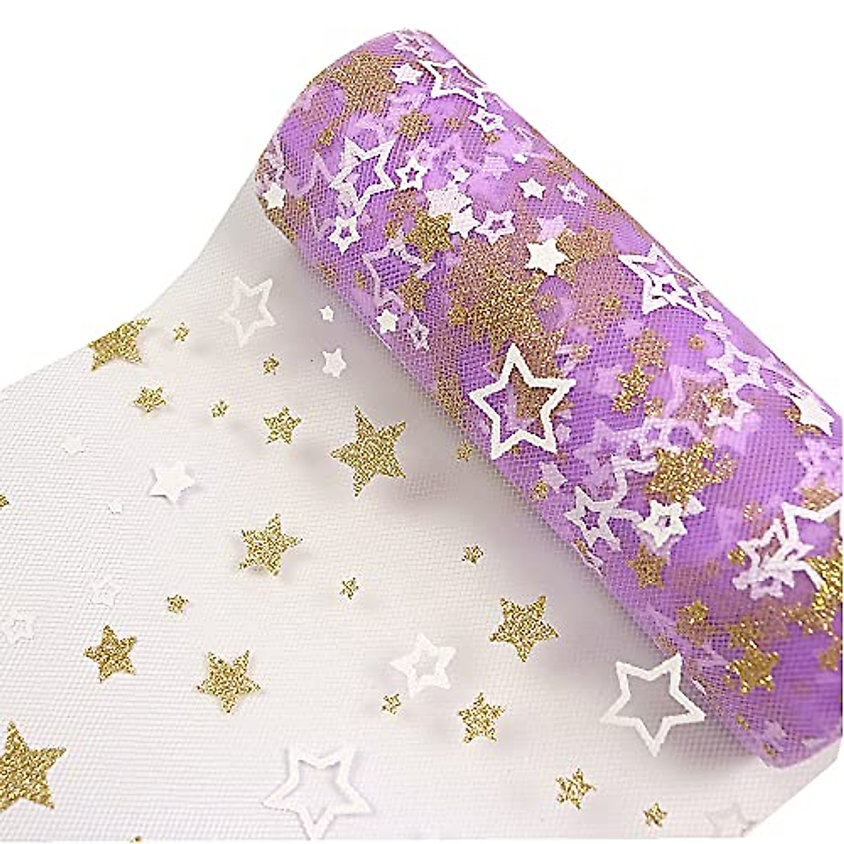 Yuanchuan Golden Star Glitter Tulle Rolls 6 inch x 10 Yards (30 feet) Tulle Rolls Spool Fabric Tutu for DIY Skirts Wedding Gift Wrap Sewing Crafting Bow Bridal Decorations Birthday Party (Purple)
