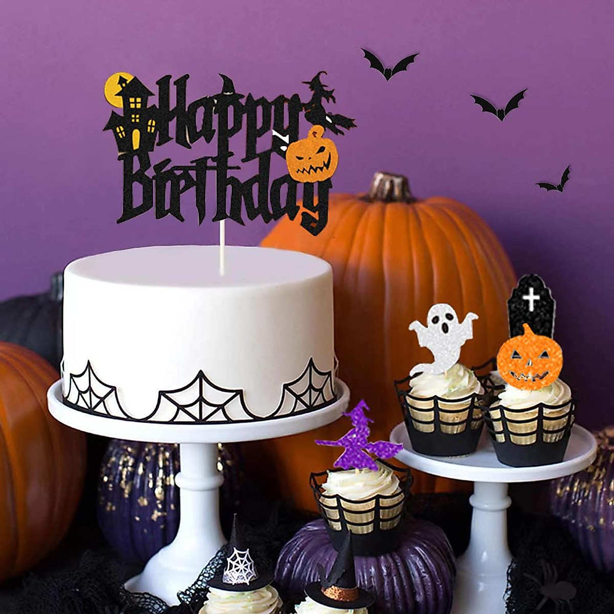 Halloween Birthday Party Decorations Include happy birthday halloween banner halloween balloons Halloween Birthday Cake Topper halloween fringe curtain for Halloween Birthday Party Supplies