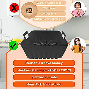 Square Air Fryer Liners Silicone, 9 IN 6 to 10 QT Food Grade Reusable Heat Resistant Silicone Air fryer Bowls Inserts Baskets Pots Accessories for COSORI Instant Vortex Air Fryer Oven Microwave