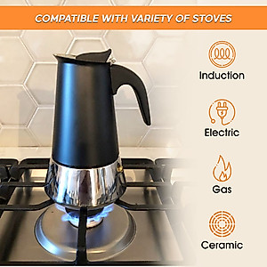 Stove Top Espresso Maker, Stainless Steel Moka Coffee Pot, Classic Stove Top Coffee Maker, Percolator Coffee Pot for Mocha, Latte, Cappuccino and more, Portable Coffee Pot Black (6-Cups/300ML)