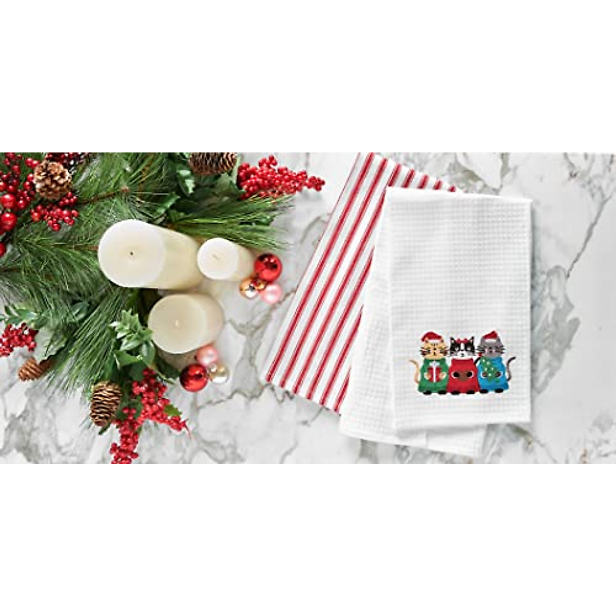 C&F Home Caroling Cats Embroidered Waffle Weave Kitchen Towel Christmas Holiday Machine Washable Cotton Towel Decor Decoration 18" x 27" White