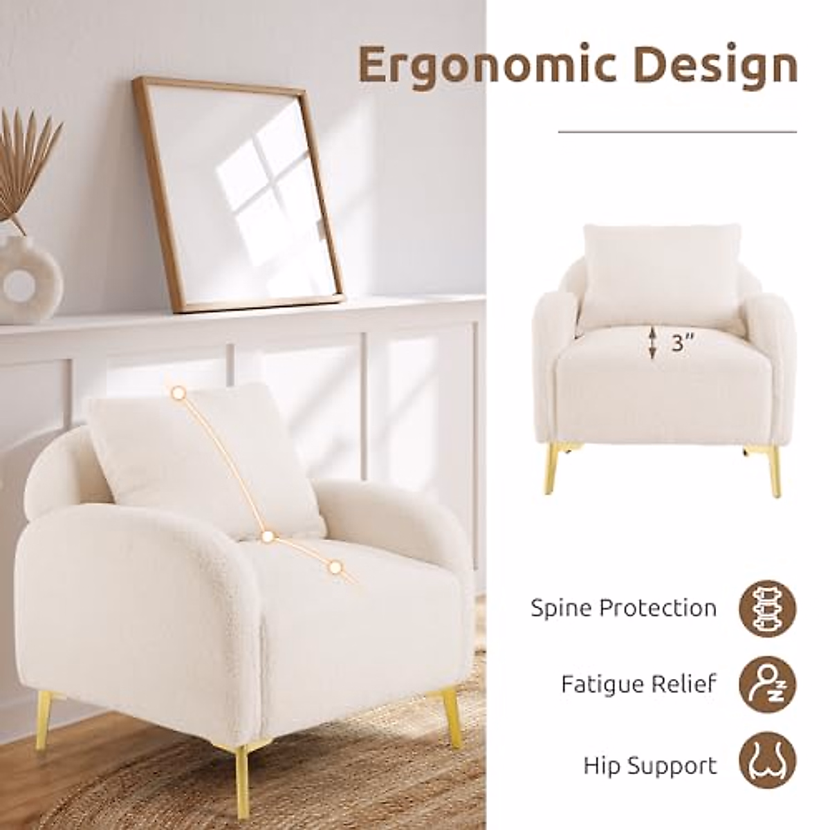 Giantex Accent Chair, Upholstered Arm Chair with Removable Pillow, Soft Padded Seat & Stable Metal Legs, Comfy Single Sofa Chair for Living Room, Bedroom, Waiting Room, Reception Room Office, White