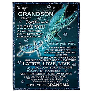 Personalized to My Grandson Blanket from Mimi Never Forget That I Love You Sea Turtle Custom Name Grandsons Gifts Fleece Sherpa Blanket for Birthday Christmas Xmas Graduation, Multi Color