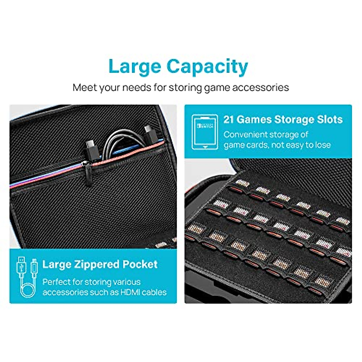 Kootek Carrying Case for Nintendo Switch and Switch OLED Model 2021, Hard Shell Travel Cases with 21 Games Storage Slots, Shoulder Strap, Storage for Switch Console, Pro Controller, Switch Dock
