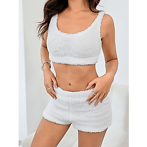 SweatyRocks Women's Fuzzy Pajamas Set Crop Tank Top With Shorts Loungewear White M