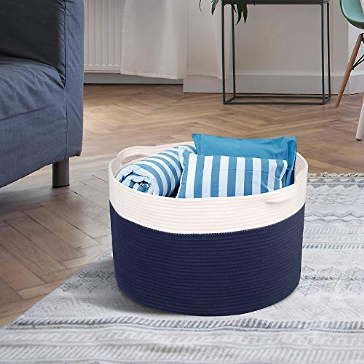 Zilink Blanket Basket Living Room XXXL Large Rope Woven Toy Round Basket 21.7" x 21.7" x 13.8" with Handle Storage Comforter Cushions Thread Hamper