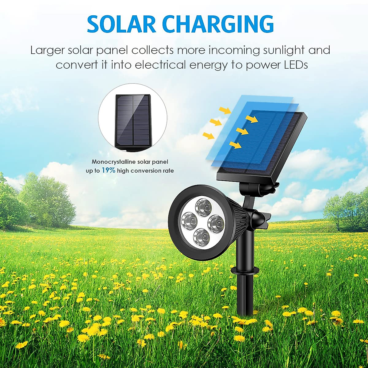 AMIR Solar Spotlights Outdoor Upgraded, Waterproof 1 Pack Security Landscape Lights 4 LED, Adjustable Solar Garden Light with Auto On/Off for Yard Driveway Pathway Pool Patio (White)