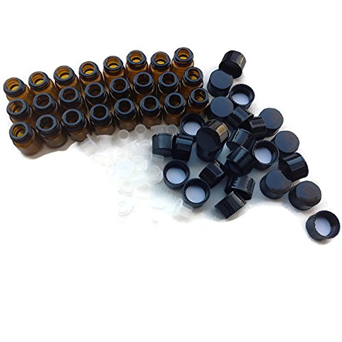 HS HEALTHY SOLUTIONS GLASSWARE WWW.EOILGLASSWARE.COM 1/4 Dram (1ml) AMBER Glass Vial (144)- Flat Black Screw Cap w/Orifice Reducer and Seal - Pack of 144