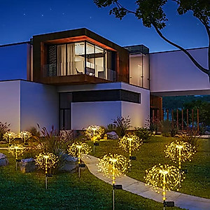 E-Kong Outdoor Solar Garden Lights 4 Pack, Upgraded 125 LEDs Outdoor Lights for Patio, Solar Fireworks Light with 2 Modes, IP65 Waterproof, Solar Pathway Lights for Yard, Garden, Walkway (Warm White)