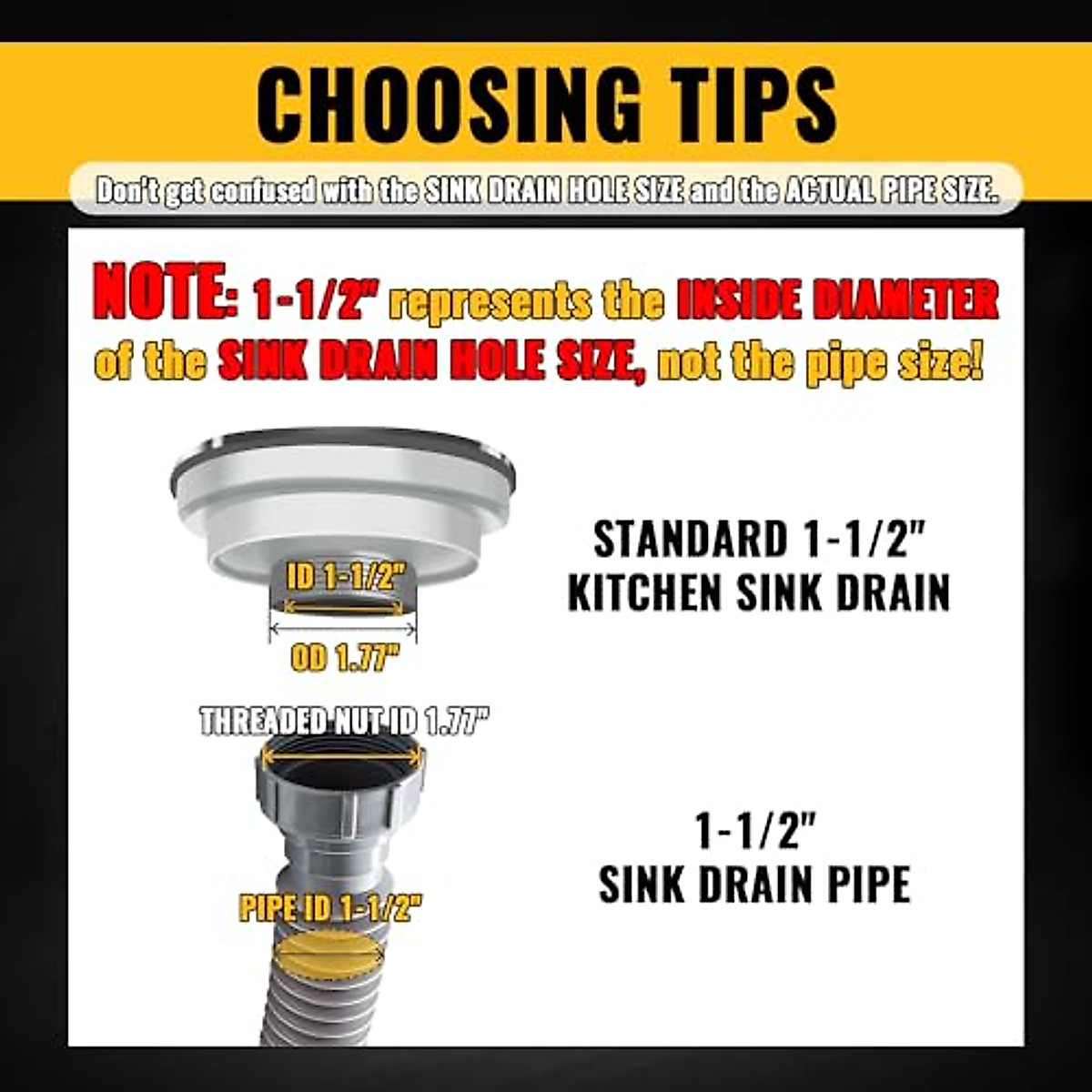 VIVIDA Sink Drain Pipe 1-1/2 inch, Flexible Sink Drain Pipe, 7.5"-17.7" Expandable Flexible P Trap for Bathroom Sink and Kitchen Sink, 1-1/4" Adapter Included, 1 PACK