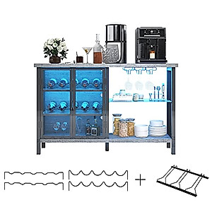 SOSPIRO Liquor Bar Cabinet with LED Lights, Industrial Wine Bar Cabinet with Wine Rack and Adjustable Shelves, Steel Coffee Bar for Home Dining Living Room Furniture, Grey
